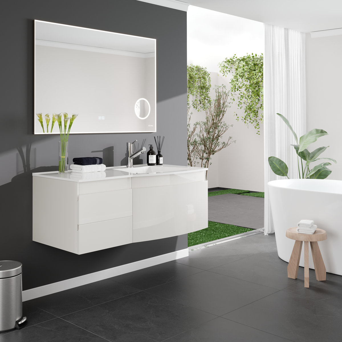 Wrought Studio™ Loveda 48"W X 18"D White Wall Mount Bathroom Vanity With White Acrylic ...